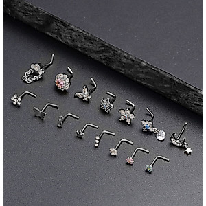 Tornito 16Pcs Dangle Nose Rings Stud L Shaped Cubic Zirconia Butterfly Heart Star Moon Flower Crown Assorted Shape Stainless Steel Nostril Piercing Jewelry for Women Men 20G Silver Tone