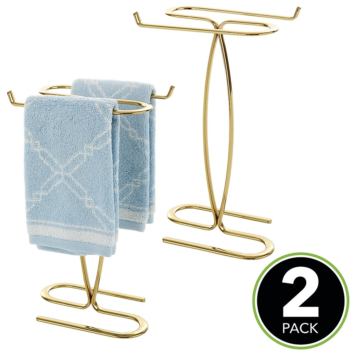 mDesign Decorative Modern Metal Fingertip, Hand Towel Holder Stand - for Bathroom Vanity Countertops to Display and Store Small Guest Towels - 2-Sided, 14" High - 2 Pack - Soft Brass