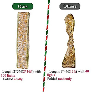 GIHOO Christmas Tree Decorations String Lights 32ft 100 LED Lights Copper Wire Ribbon Bows Lights for Party Weddings Holiday Christmas Tree Decorations (Gold Warm Light Battery Powered)