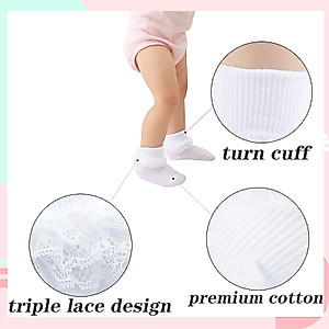 Baby Girl Socks Infant Triple Lace Ruffle Socks Turn Cuff Socks 3 Pairs Ankle Dress Sock for Toddler (White, 3-12 Months)