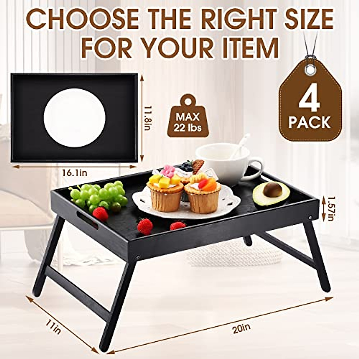 Wesiti 4 Pack Bed Trays for Eating Wood Breakfast in Bed Tray with Folding Legs and Handles Food TV Trays for Bedroom Laptops Reading Eating Picnic, 16.4 x 11.8 Inches