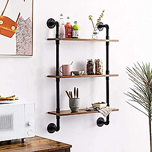 YMYNY Industrial Pipe Shelf Bracket, 2 Tiers and 3 Tiers Retro Wall Mounted Floating Shelf, 24" Farmhouse Bathroom Shelving, Set of 2