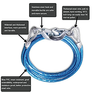 cueclue 1 PC Heavy Duty Car Towing Cable with Hooks, 13.1Ft x 0.3In Metal Portable Durable Vehicle Winch Cable, Universal Automotive Wire Rope Accessories for Tow Truck Wrecker Rollback SUV (Blue)