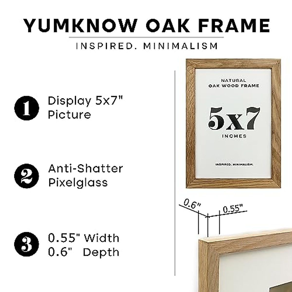YUMKNOW 5x7 Picture Frame - Modern Boho Frame Opening 5 x 7 Pictures - Solid Wooden Photo Frame for Walls - Natural Oak Wood Poster Print Art Painting - Hanging or Stand at Desk Picture Frame Gallery