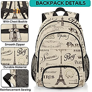 Vintage Paris Eiffel Tower School Backpack, College School Bags Lightweight Laptop Backpack Bookbag Casual Daypack Rucksack Elementary Preschool Backpack