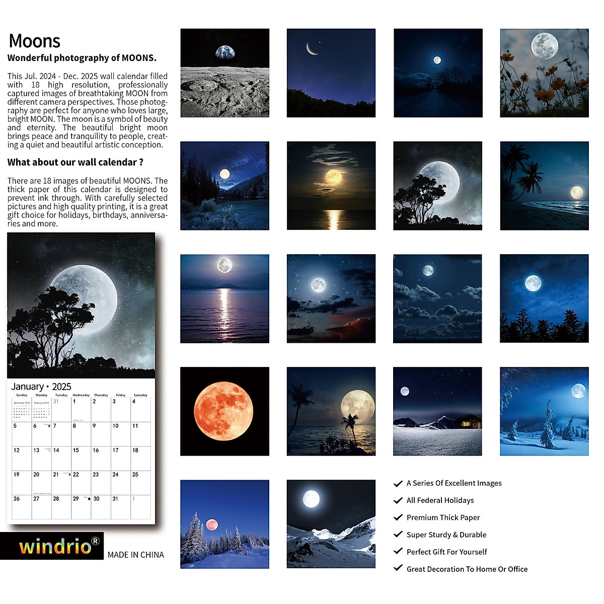 2024 Wall Calendar,Calendar 2024, July 2024 - December 2025, Wall Calendar Moon, 12" x 24" Opened,Full Page Months Thick & Sturdy Paper for Gift Perfect Calendar Organizing & Planning