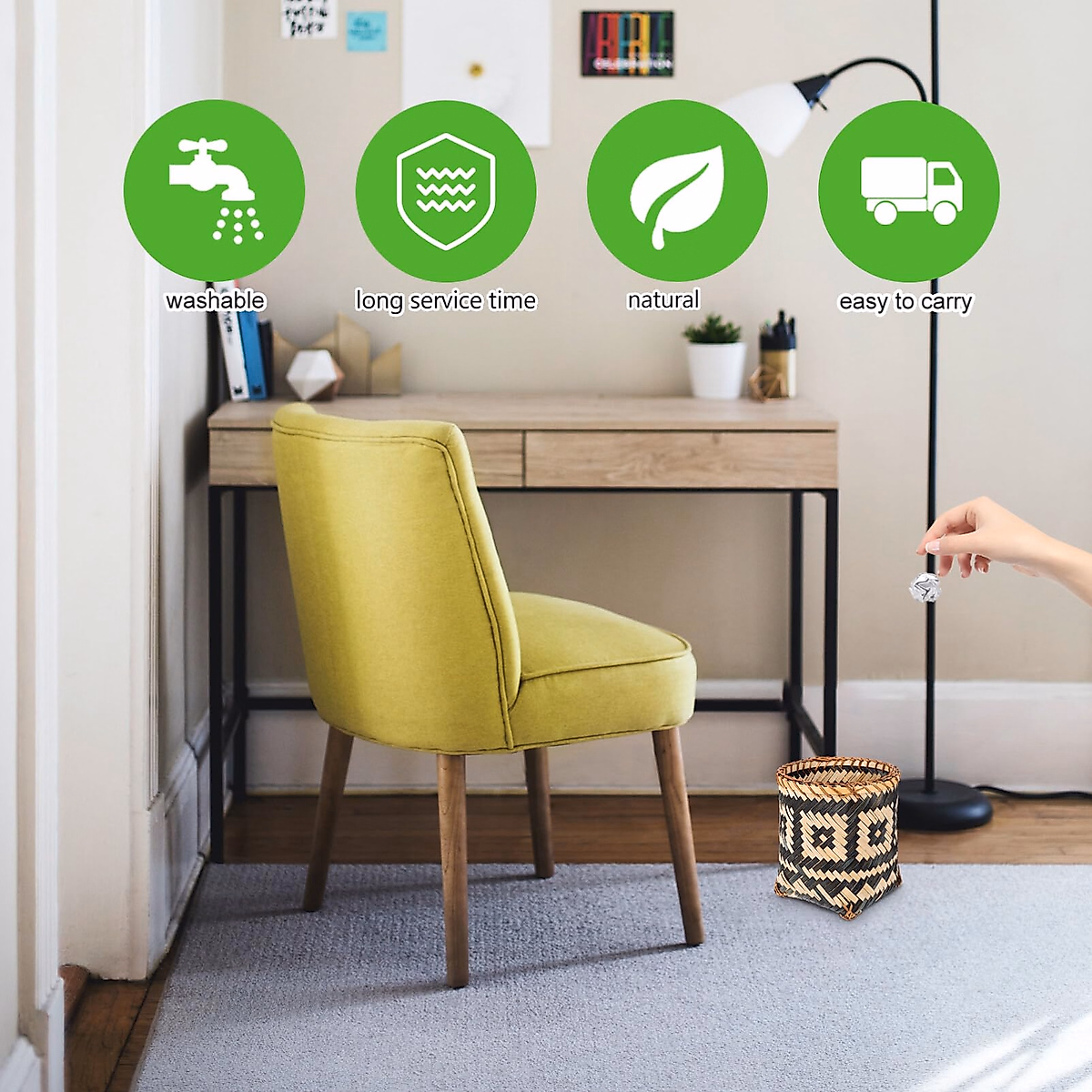 DEARMAMY Bamboo Woven Trash Can, Rattan Garbage Bin Wicker Laundry Basket Round Waste Basket Rubbish Storage Container Waste Paper Bin Plant Flower Pot for Under Desk Office