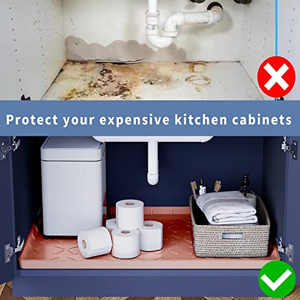 AIKEXIN Under Sink Mat for Kitchen Waterproof, 34" x 22" Silicone Under Sink Liner Drip Tray, Patent Design, Sink Cabinet Protector Mats for Kitchen & Bathroom Water Drips, Leaks, Spills (Brown）