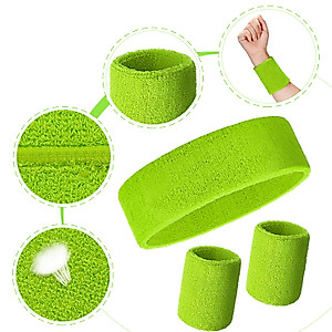 Bememo 6 Pcs Neon Sports Sweatbands Set Paris Sports Competitions Sweatbands 2 Headband 4 Wristbands Breathable Terry Cloth Athletic Bands for Basketball Tennis Costumes Cosplay(Neon Green)