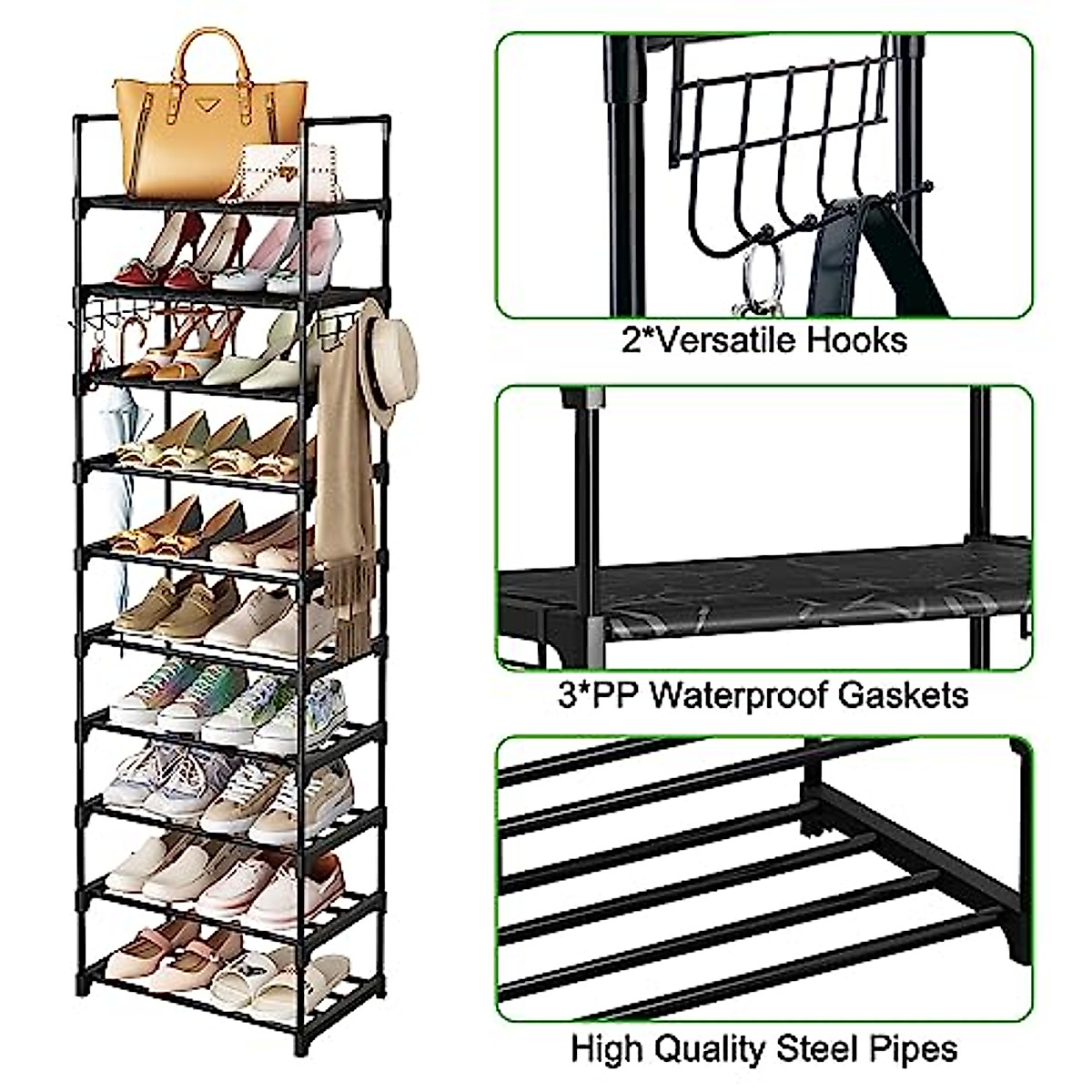 Fixwal 10 Tiers Shoe Rack for Closet, Tall Shoe Organizer Storage Shelf for 20-24 Pairs of Shoes and Boots, Narrow Metal Shoe Shelf with Hooks for Entryway Bedroom Hallway (Black)