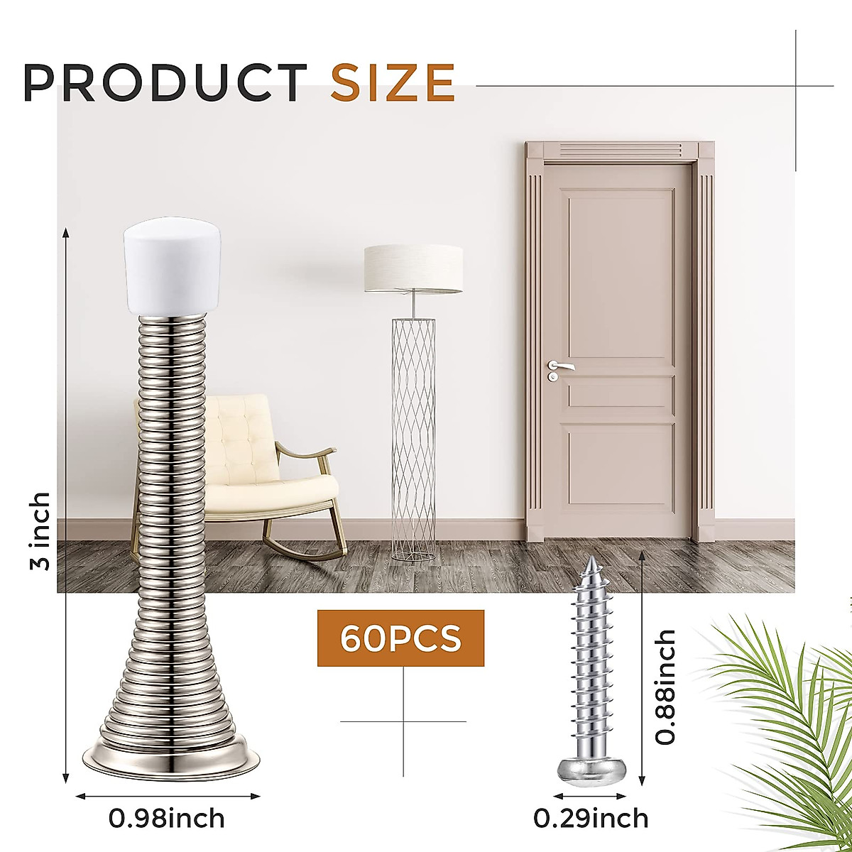 60 Pcs Spring Door Stopper with Rustproof Screw Rubber Bumper Tips, 3" Flexible Heavy Duty Spring Wall Door Stop Low Mounted Door Bumper for Home Spring Door Stoppers for Bottom of Door (Silver)