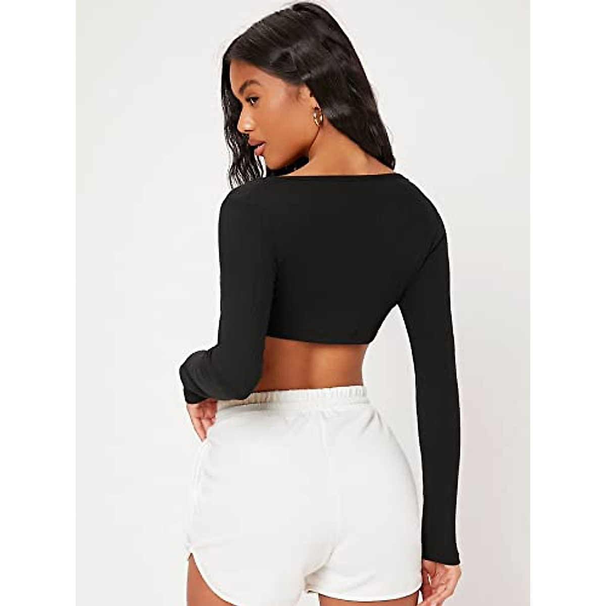 SOLY HUX Long Sleeve Crop Tops for Women Sexy Scoop Neck Rib Knitted Workout Basic Tees Slim Fitted Cropped T Shirts Solid Black M