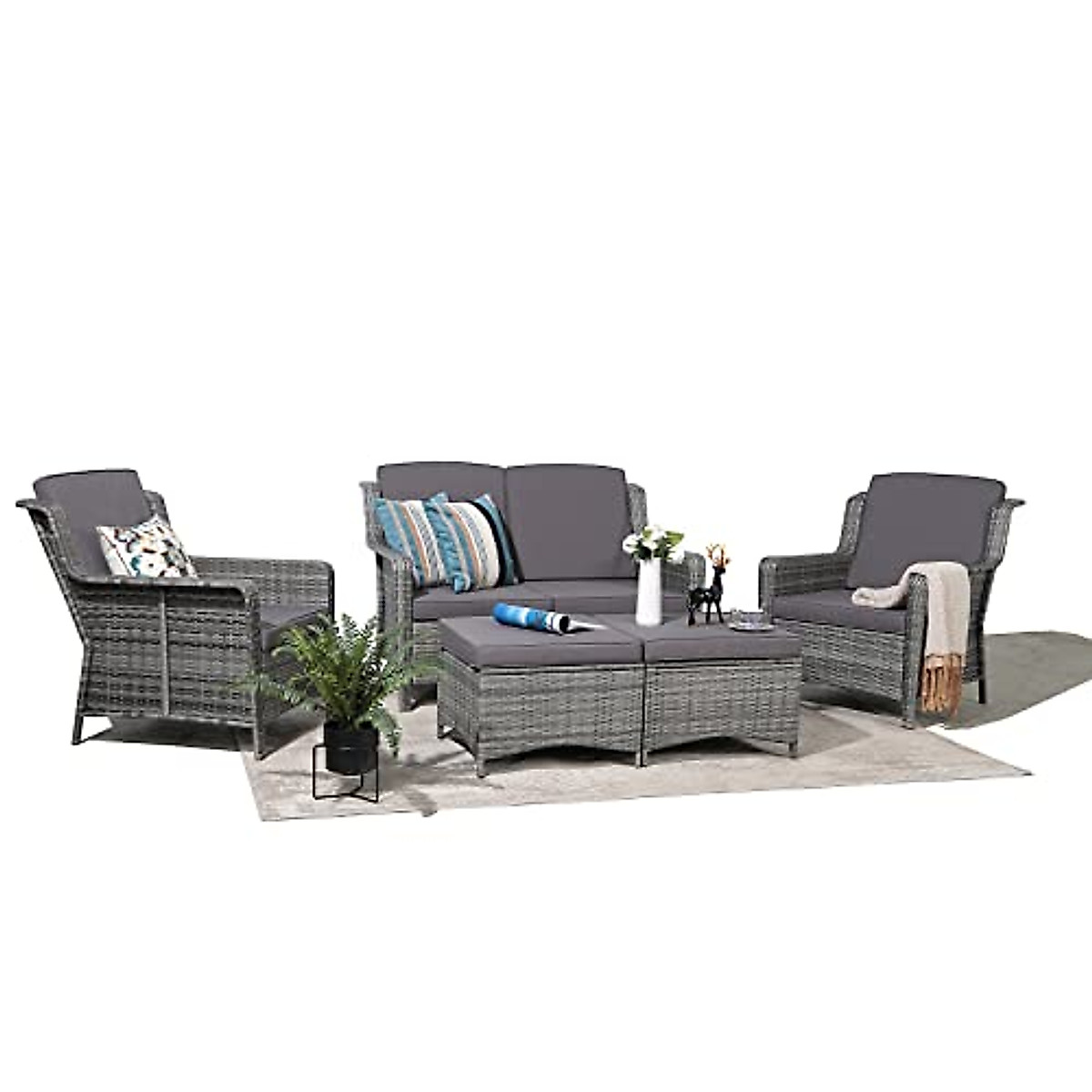 JOIVI Patio Furniture Set, 5 Piece All Weather Wicker Outdoor Conversation Set, Outdoor Sectional Sofa Set with PE Rattan Loveseat couch, Armchairs and Ottomans for Garden, Porch, Deck (Gray Cushions)