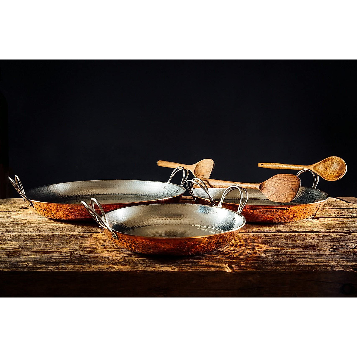 Sertodo Copper Alicante Paella Cooking Pan | 12 inch diameter | Patented Stainless Steel Handle Design| Hand Hammered, Heavy Gauge, 100% Pure Copper | Serves 4 Adults