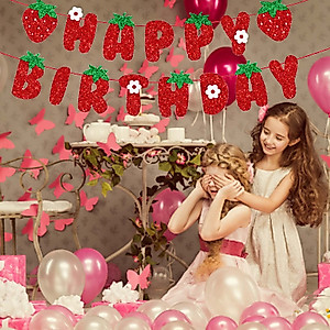 BIEUFBJI Strawberry Happy Birthday Banner, Glitter Strawberry Banner, Strawberry Theme Birthday Garland for Birthday Party Hanging Decorations