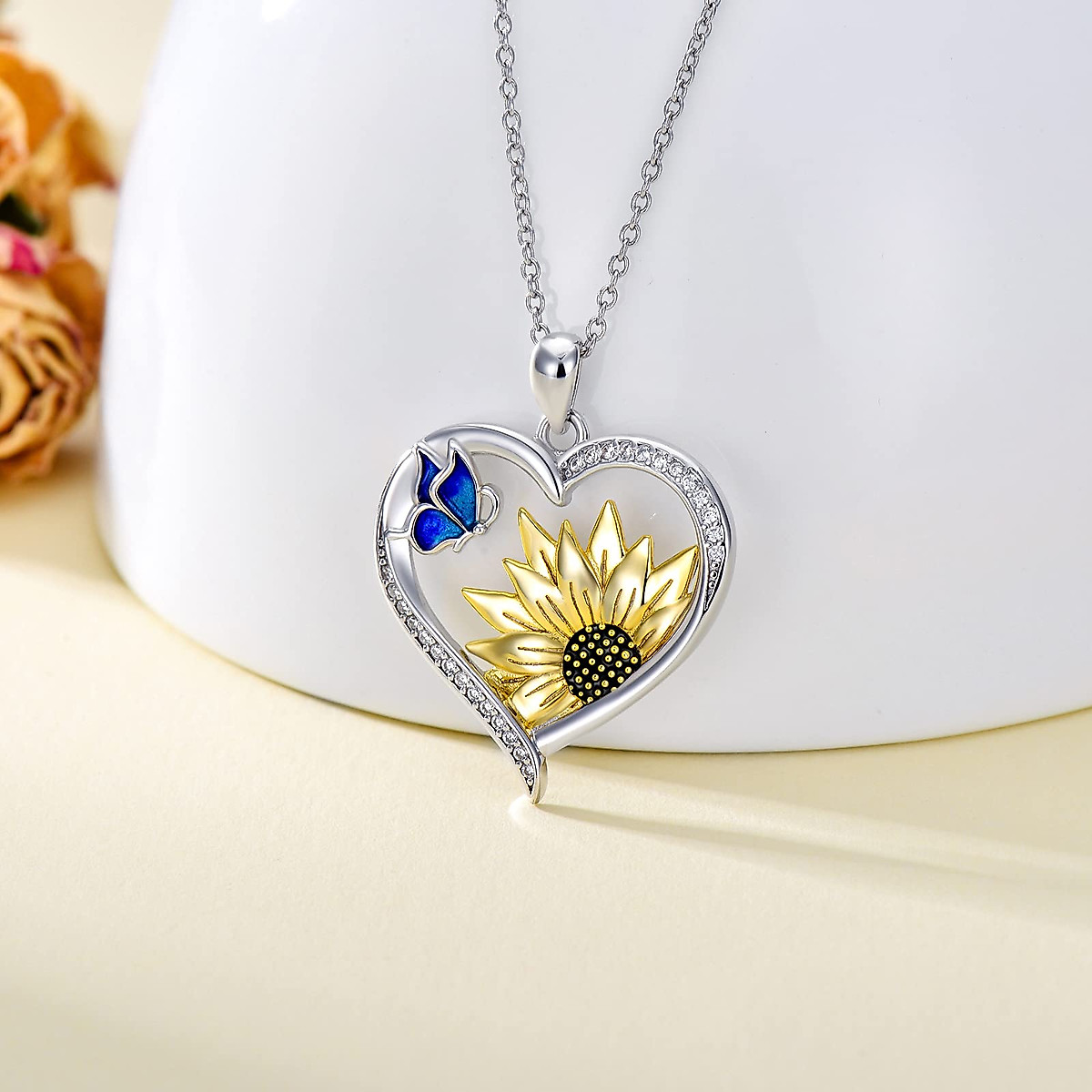 MBSUUH Sunflower Heart Necklace with Blue Butterfly Sterling Silver Sunflower Necklace for Women Teen Girls Mother's Day Jewelry Gifts