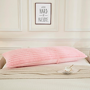 JAUXIO Faux Fur Fluffy Body Pillow Cover Luxury Striped Plush Decorative Body Pillowcase, Ultra Soft and Cozy Zipper Closure 21 x 54 Inches, Pink