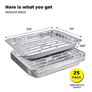 DCS Deals Pack of 25 Disposable Aluminum Broiler Pans – Good for BBQ, Grill Trays – Multi-Pack of Durable Aluminum Sheet Pans – Ribbed Bottom Surface - 13.40" x 9" x 0.85"