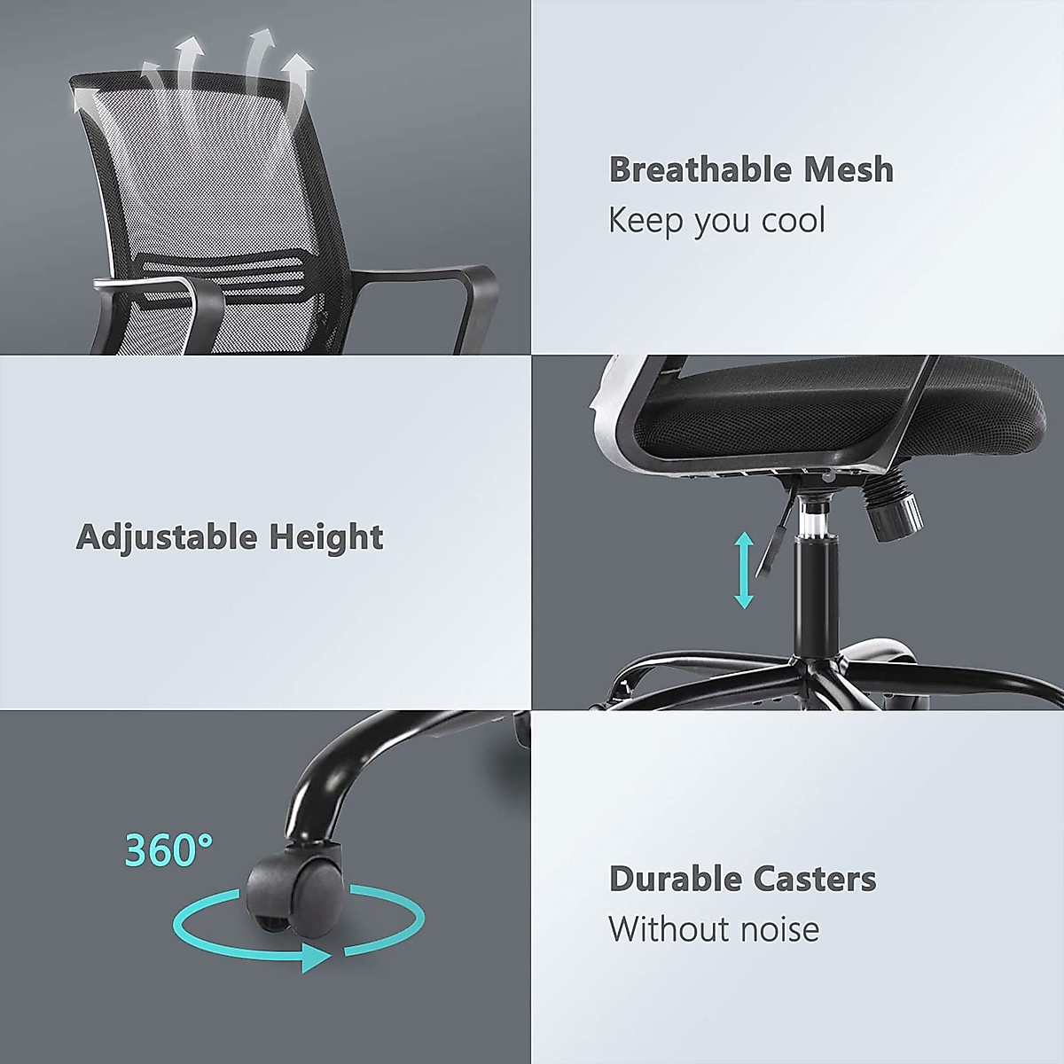 Smugdesk Ergonomic Mid Back Breathable Mesh Swivel Desk Chair with Adjustable Height and Lumbar Support Armrest for Home, Office, and Study, Black