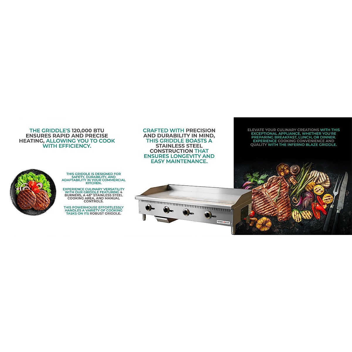 Inferno Blaze IB-CTG-48M 48” Wide Countertop Commercial Griddle with Manual Controls 120,000 BTU - CSA Certified, Stainless Steel Exterior Natural Gas Griddle - Perfect for Commercial Kitchens