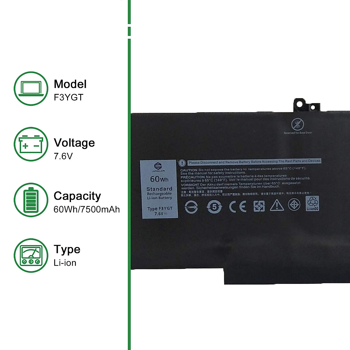 JIAZIJIA F3YGT Laptop Battery Replacement for Dell Latitude 7280 7290 E7280 E7290 7380 7390 E7380 E7390 7480 7490 E7480 E7490 Series Notebook DM3WC 0DM3WC 2X39G 7.6V 60Wh 7500mAh