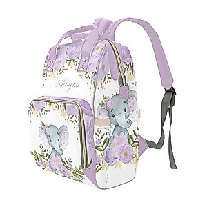 Yeshop Personalized Diaper Backpack Purple Violet Floral Elephant Multi Function Diaper Bag Travel Daypack Nursing Nappy Bag