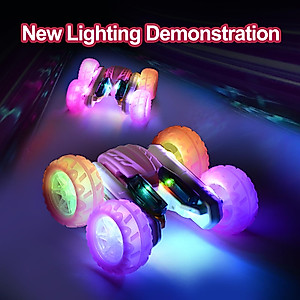 TRIPLEFINE Remote Control Car for Girls, LED Fast Stunt RC Car, 2.4GHz RC Cars, 4WD Double Side 360° Rotating Car Toys for 6 7 8 9 10 11 12 Girls Birthday(pink)