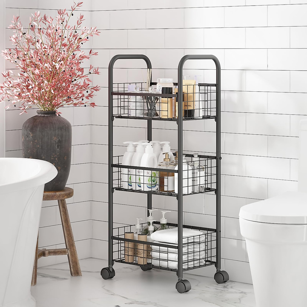 3-Tier FreeStanding Open Shelf with Wheels, Storage Rolling Cart Bathroom Organizer Shelves Unit, Metal Steel Storage Tower Organizer Rack Basket Cart for Bathroom, Living Room, Balcony, Kitchen