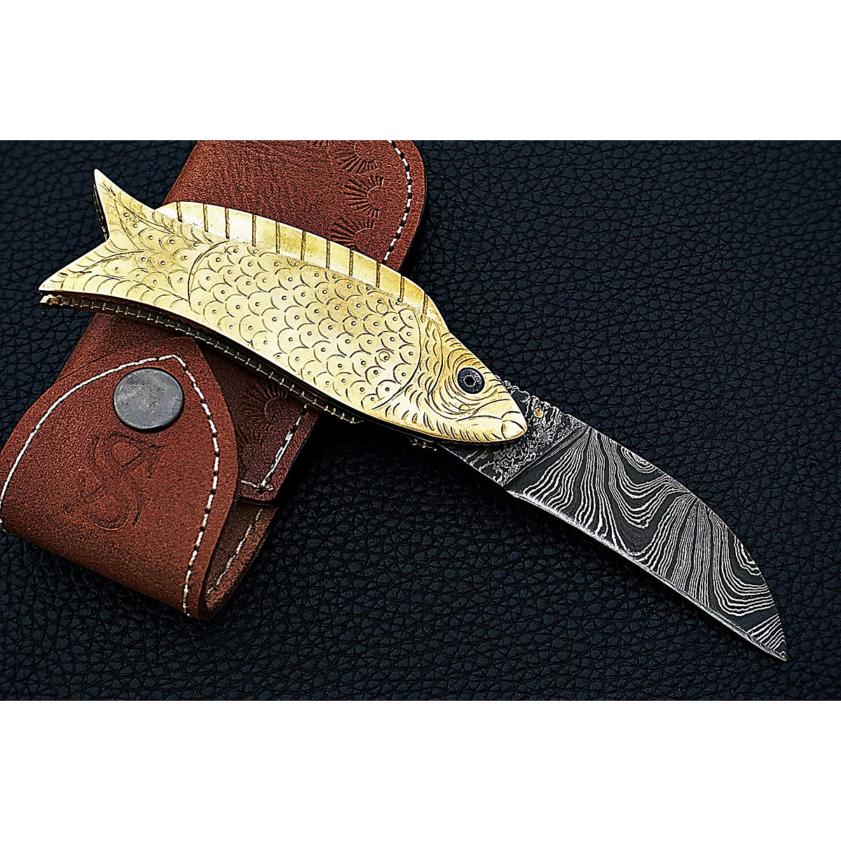 Smart & Sharp Custom Handmade Damascus Steel Fish Knife/Folding Knife/Pocket Knife SS-17370(Brass Engraved Handle) (brass)