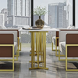 Modern Sintered Stone Dining Table BIGMAII Luxury Rectangle Kitchen Dinner Table with White Marble Top and Gold Double Pedestal for Restaurant Dining Room - 47.2" (Not Including Chairs)