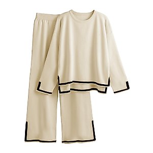Tanming Women's 2 Piece Outfits Long Sleeve Knit Sweater Top Wide Leg Pants Lounge Sets Tracksuits (Apricot-M)