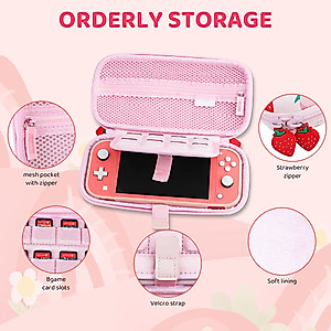 FANPL Case for Nintendo Switch Lite, Cute Pink Strawberry Carrying Case Bundle for Switch Lite Accessories with Soft TPU cover, Adjustable Strap, Screen Protector, Thumb Grip Caps