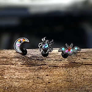 Melighting Black Helix Earrings 16G Spider Cartilage Earrings Surgical Steel 316L Halloween Bat Tragus Piercing Jewelry Moon Helix Stud Piercing Jewelry for Women Men