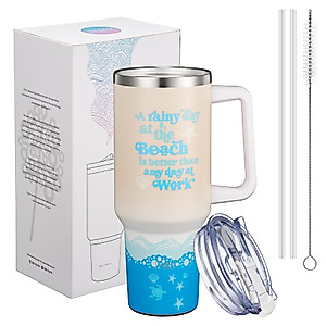 THILY 40 oz Stainless Steel Tumbler with Handle - Vacuum Insulated Travel Cup, Splash-Proof Lid, 2 Straws & Brush | Keeps Drinks Cold 34H/Hot 12H, Cupholder Friendly - Beach