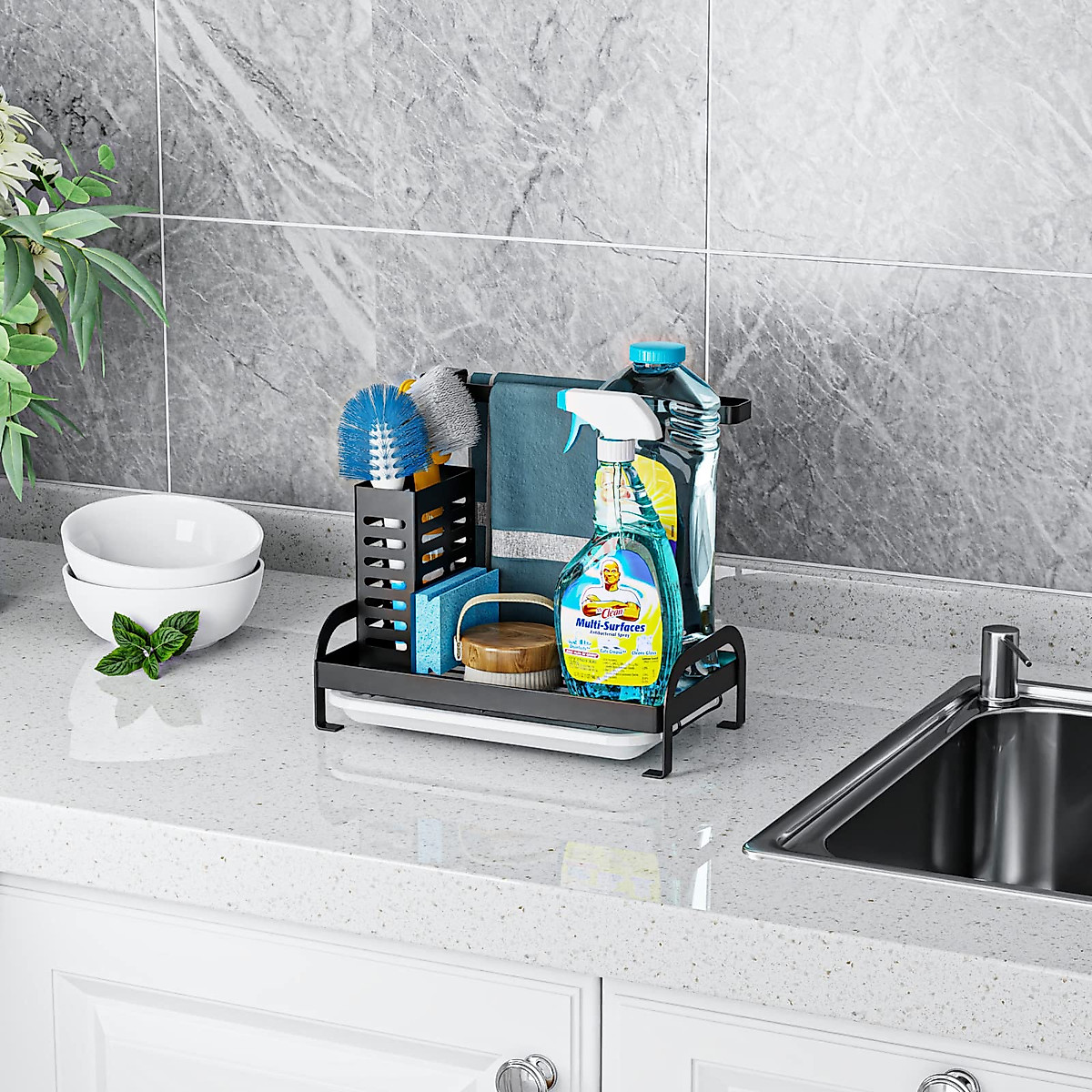 Kitchen Sink Caddy Sponge Holder - iSPECLE Sink Organizer with Brush Holder Drain Pan Tray, Dishrag Dishcloth Holder Storage Kitchen Accessories, Black