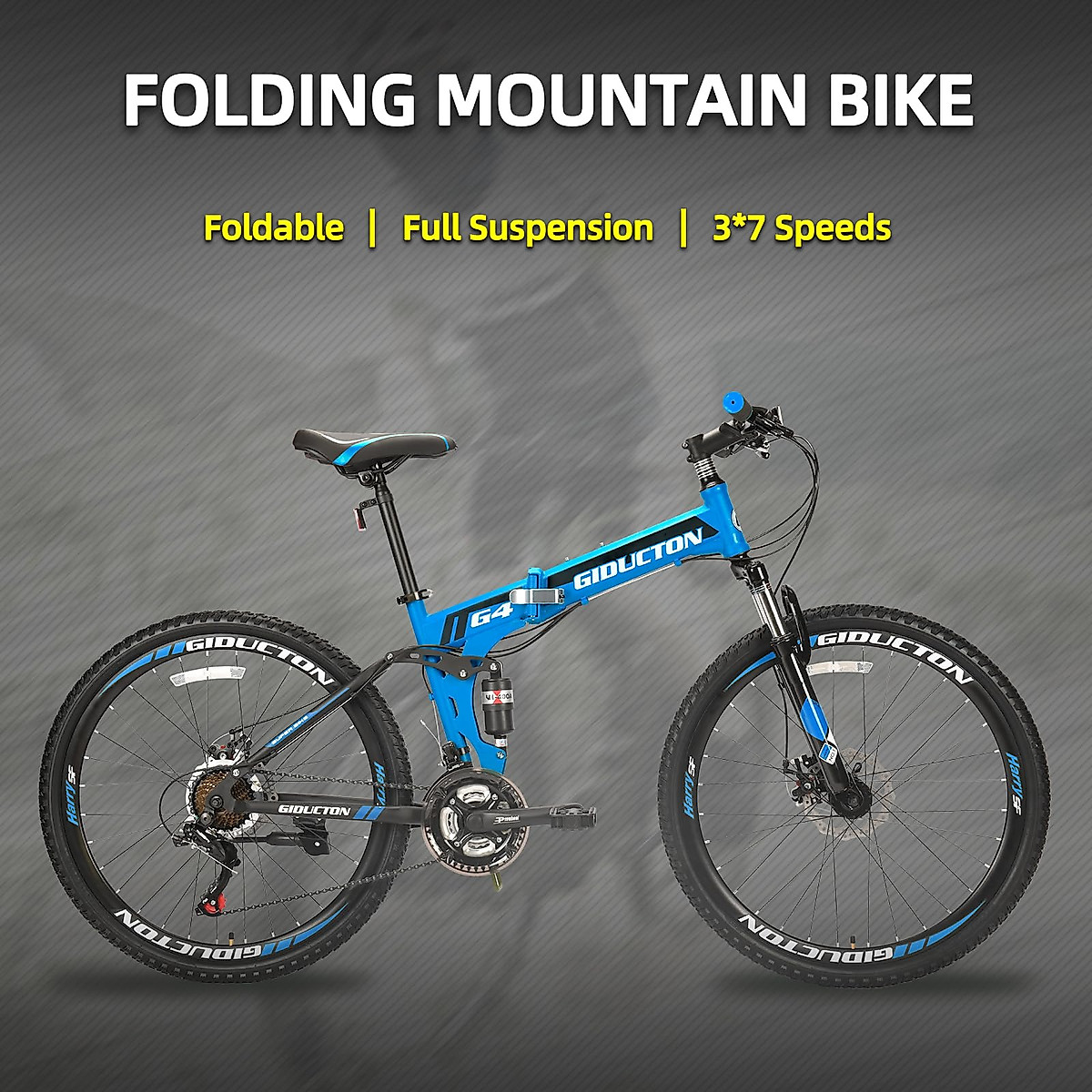 EUROBIKE YH-G4 Folding Mountain Bike for Adults 26 Inch Wheels 21 Speed Full Suspension Dual Disc Brakes Foldable Frame Bicycle (Blue)