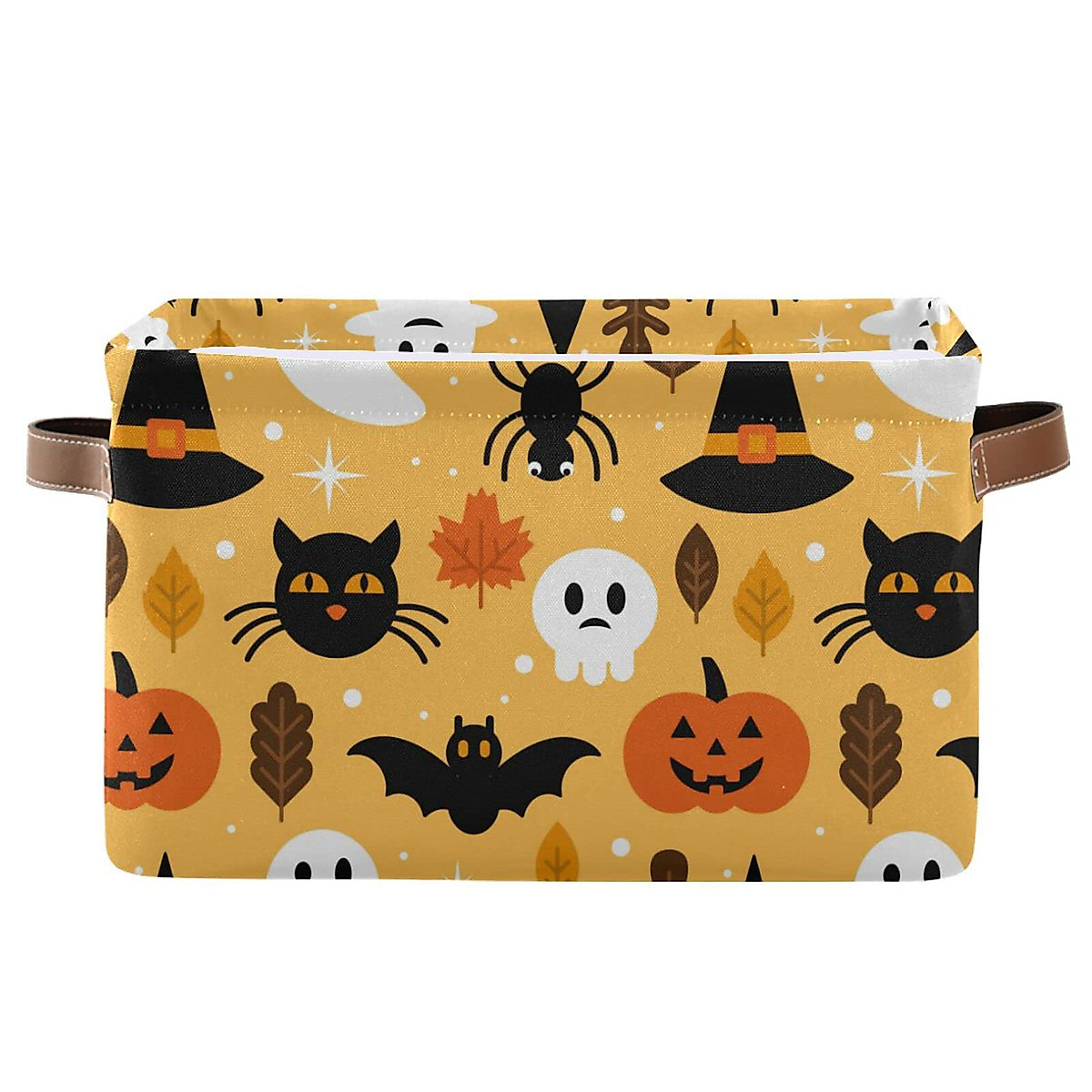Large Foldable Storage Basket Halloween Spooky Skull Pumpkin Black Cat Storage Bin Canvas Toys Box Fabric Decorative Collapsible Organizer Bag with Handles for Bedroom Home