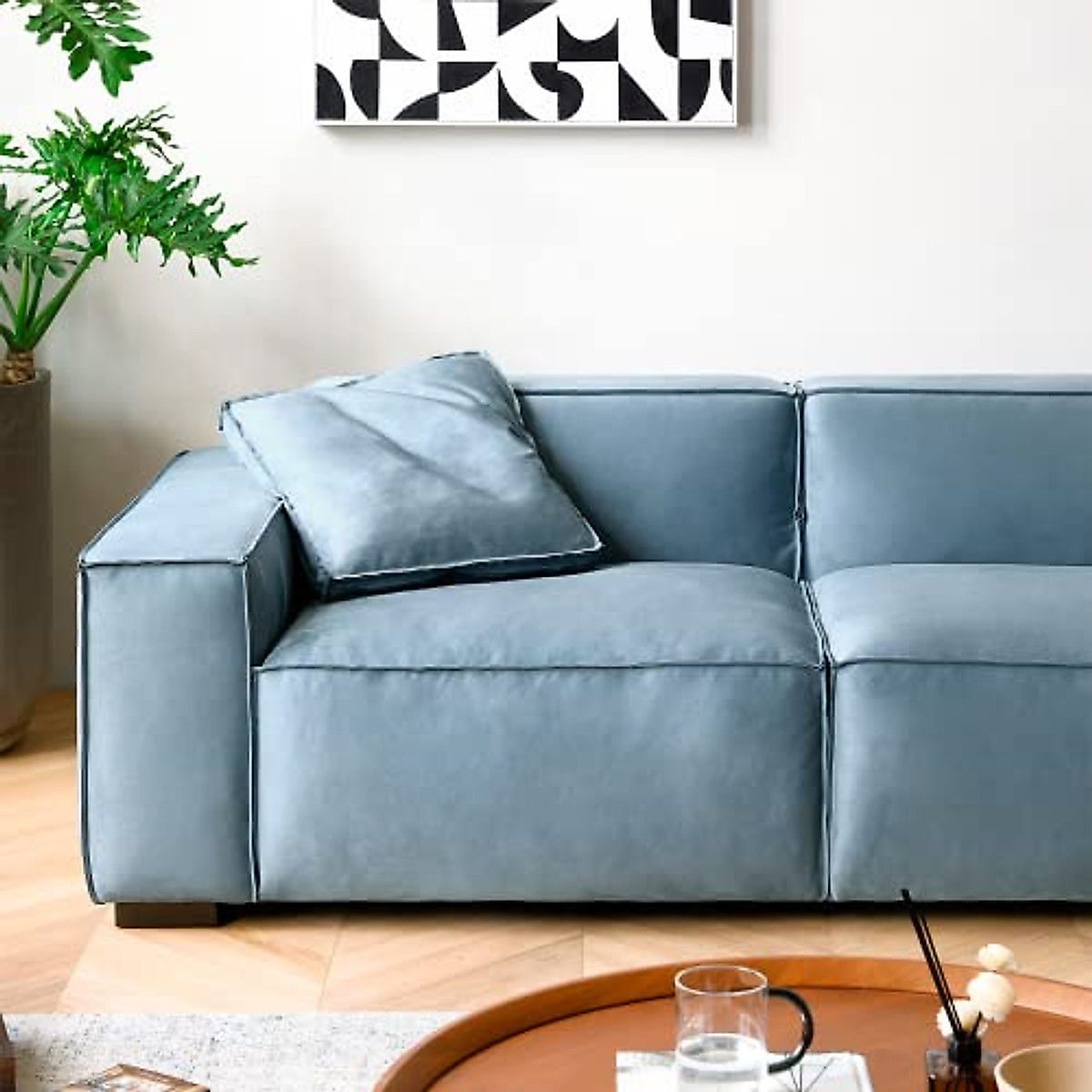 Acanva Modern L-Shaped Deep Sectional Sofa Furniture Set for Living Room Lounge, Minimalist Style Comfy Suedette Upholstery Corner Couch with Chaise, Blue