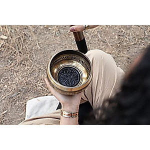 Large Tibetan Singing bowl Set - Bronze Style - Easy To Play - 5" Sound Yoga Bowl Mantra Design Mindfulness Meditation Healing Sound Gift By Himalayan Bazaar