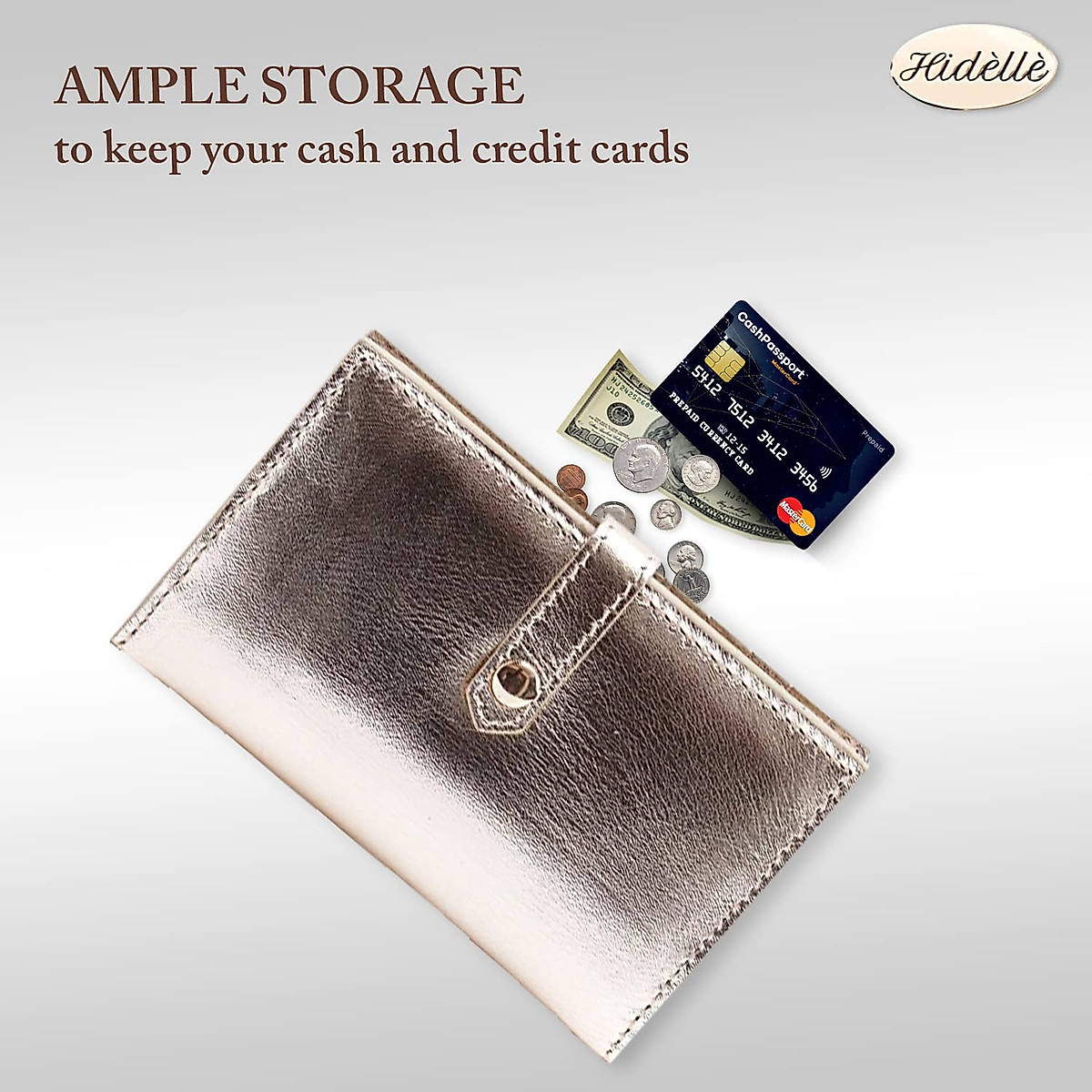Hidelle Foil Leather Bi-Fold Women Wallet, Purse with Cards Holder and Button Closure Handbag, (Light Gold)