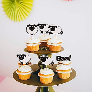 Ercadio 24 Pack Sheep Cupcake toppers Black Glitter Farm Animals Cupcake Picks Sheep Baa Cupcake Decors Sheep Theme Baby Shower Birthday Party Supplies