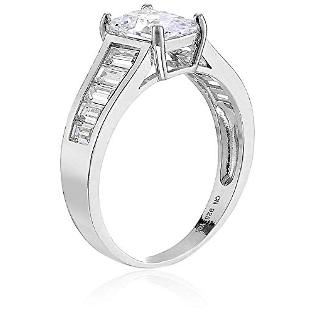 Sterling Silver 6x8mm Emerald Cut Cubic Zirconia Engagement Ring With Graduated Baguette Band