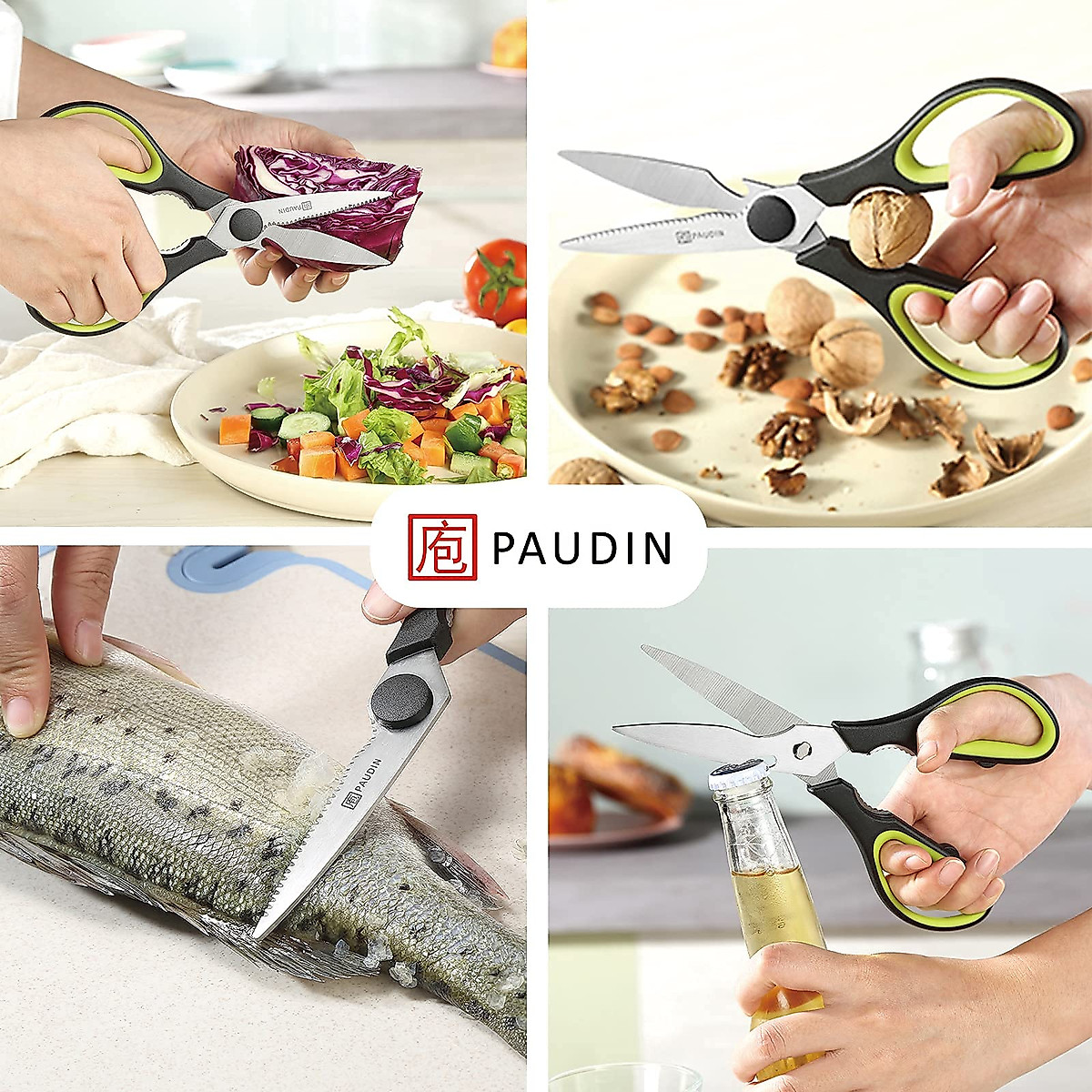 PAUDIN Kitchen Shears, Premium Stainless Steel & Ultra Sharp Shears Come Apart with Comfortable Grip, Multipurpose Utility Food Scissors for Meat, Pizza, Chicken, Fish, Salad, Herbs, BBQ, Black Green