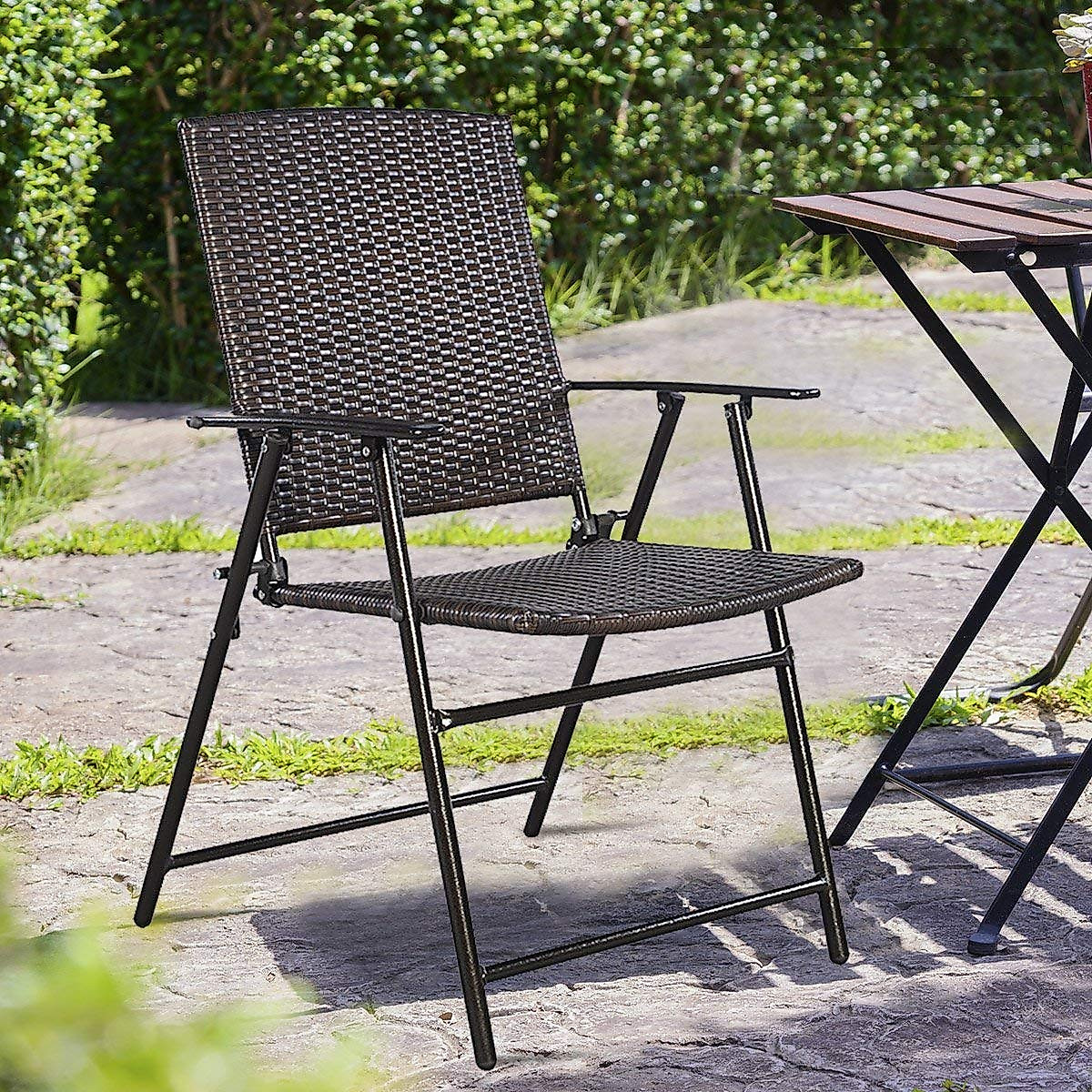 COSTWAY P 4 PCS Folding Patio Outdoor Pool Lawn Portable Wicker Armrest & Footrest Durable Rattan Steel Frame Commercial Foldable Stackable Party Wedding Chair Set (24X23X, Mix Brown