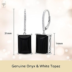 MAX + STONE Emerald Cut Black Onyx Dangle Earrings for Women in 925 Sterling Silver with Leverback and White Topaz Halo Accents 14mm Decemebr Birthstone