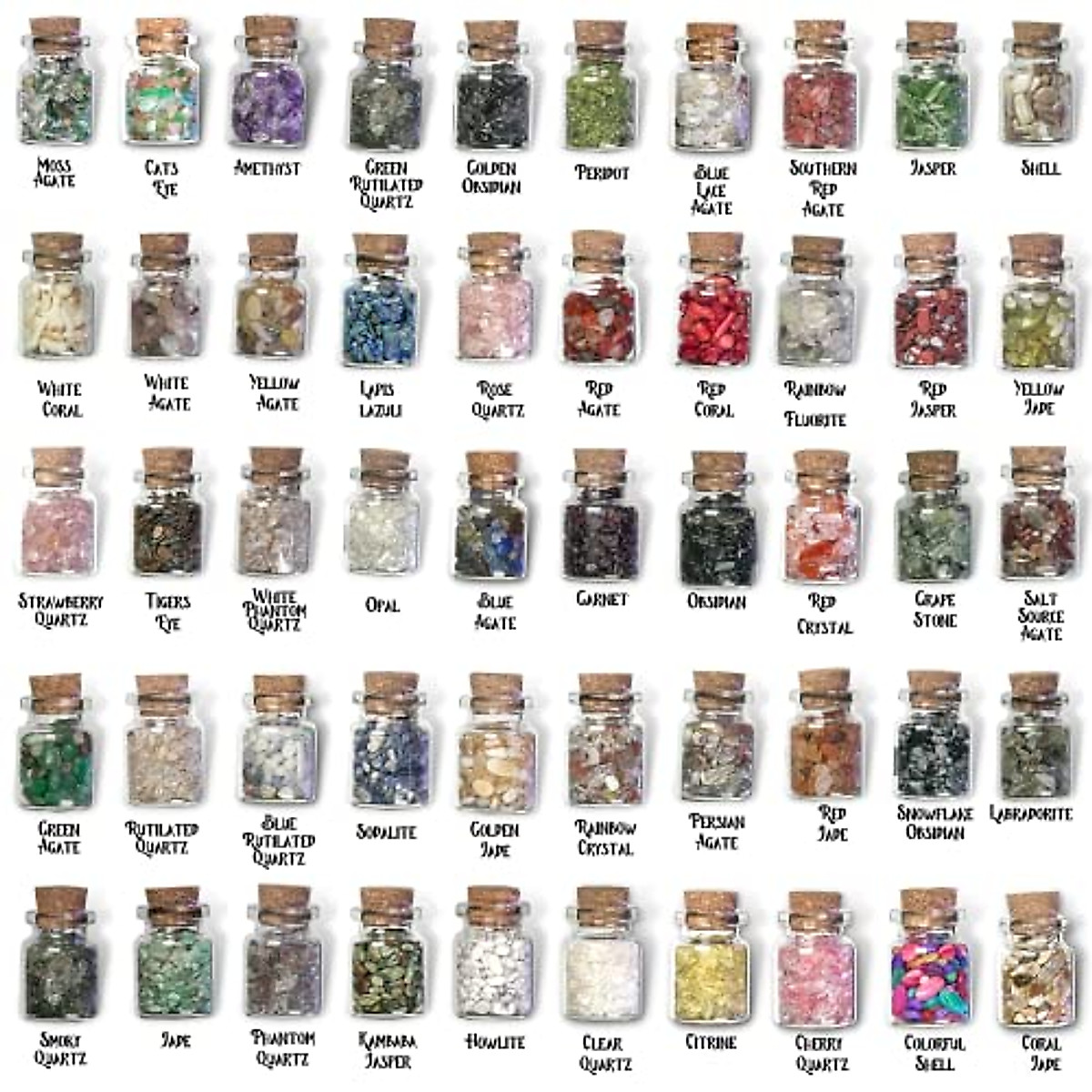 Spell Crystals in Bottles | Crystals for Witchcraft | Mini Crystals for Spell Jars (50 Bottle Set)