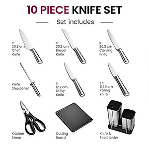 10-Piece Stainless-Steel Kitchen Knife Set - Newly Innovative Kitchen Knifes Set with Utensil Holder - 5 Stainless-Steel Knives - Knife Sharpener - Kitchen Scissors - Cutting Board- Knife Block holder