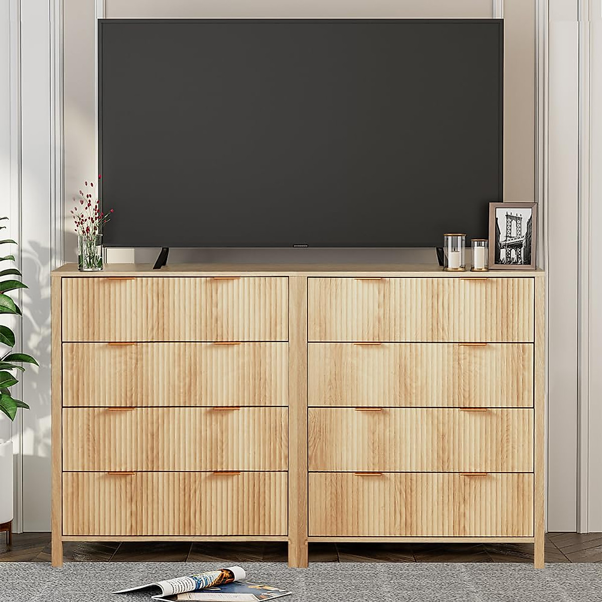 Mid-Century 4 Drawers Bedside Table Storage Cabinet, Modern Nightstand with 4 Drawer and Solid Wood Legs, Contemporary Tall Dresser, Mid Century Nightstand with 4 Drawer Dresser for Bedroom (Natural)