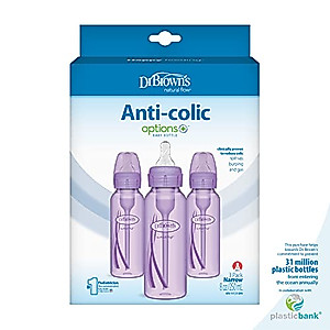 Dr. Brown’s Natural Flow® Anti-Colic Options+™ Narrow Baby Bottles 8 oz/250 mL, with Level 1 Slow Flow Nipple, 3 Pack, Purple, 0m+