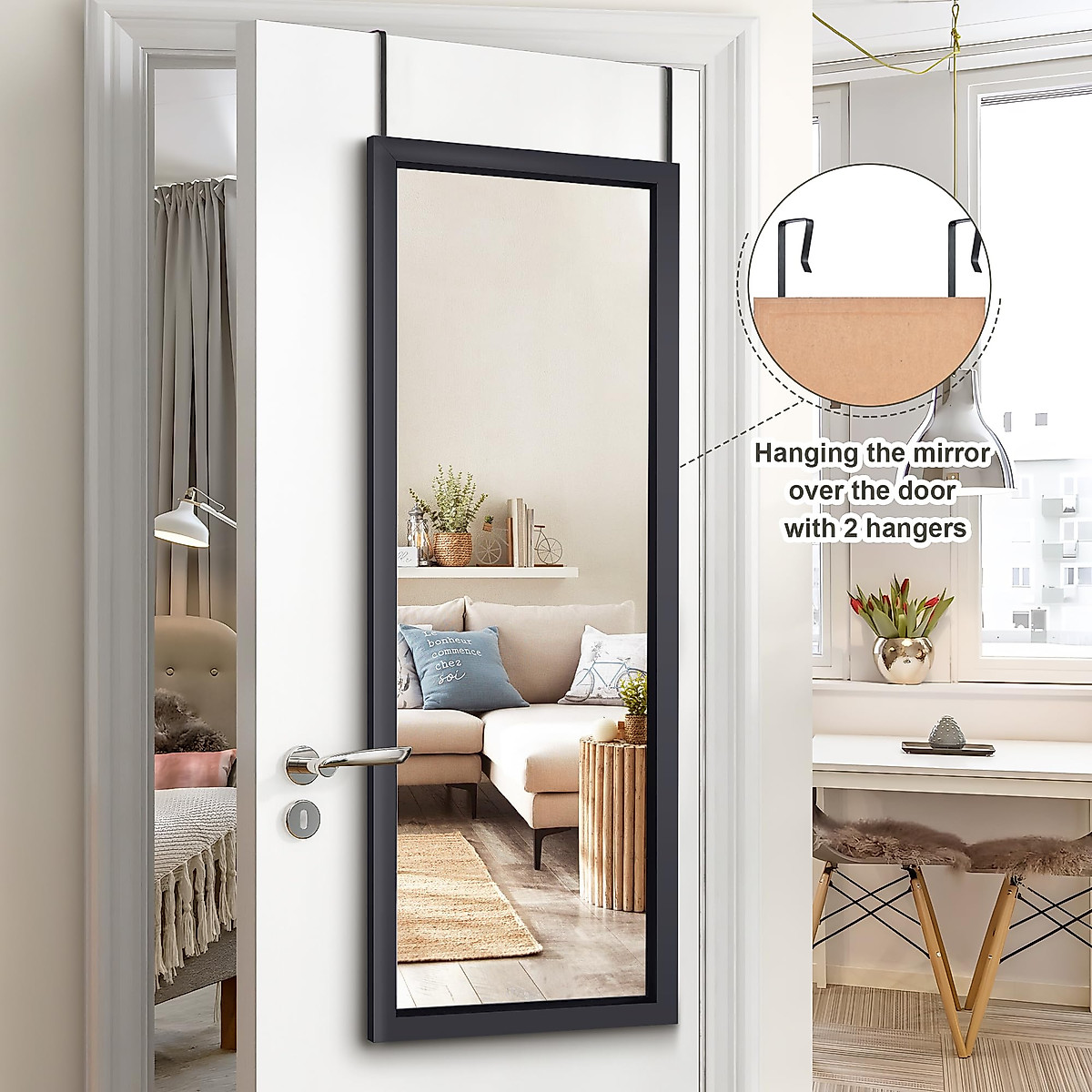 PexFix Door Mirror Full Length 51"x18" Over The Door Rectangle Sleek Black Frame Space Saving Floor Mirror Dressing Hanging Wall Mounted Mirror (US-MHJ002-BK+USAM019)